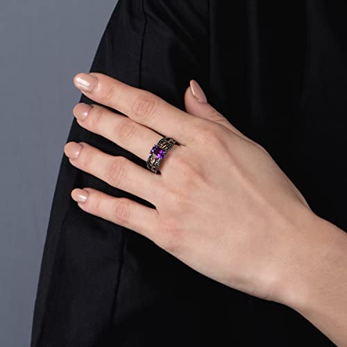 Jewelili Enchanted Disney Fine Jewelry Black Rhodium over Sterling Silver 8x6 MM Cushion Shape Amethyst and 1/5 Cttw Treated Black Round Diamond Ursula Ring, Size 7