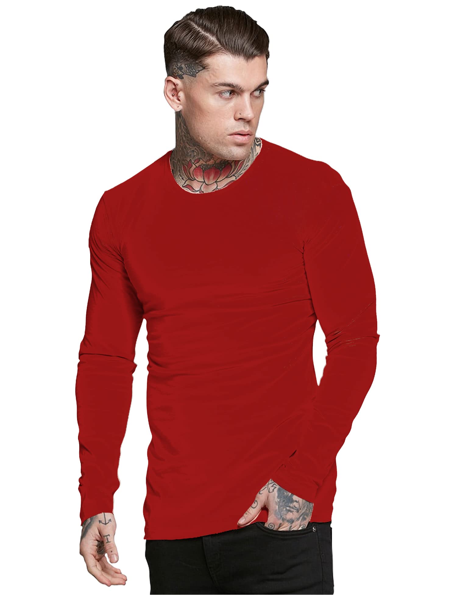 KELLORENA Men's Muscle T-Shirt Stretch Breathable Long Sleeve Casual Hipster Tops Gym Workout Athletic Slim Fit Cotton Tee Red