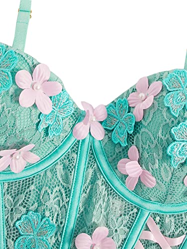 WDIRARA Women's Floral Lace Embroidered Push Up Garter Lingerie Set with Stockings Green L
