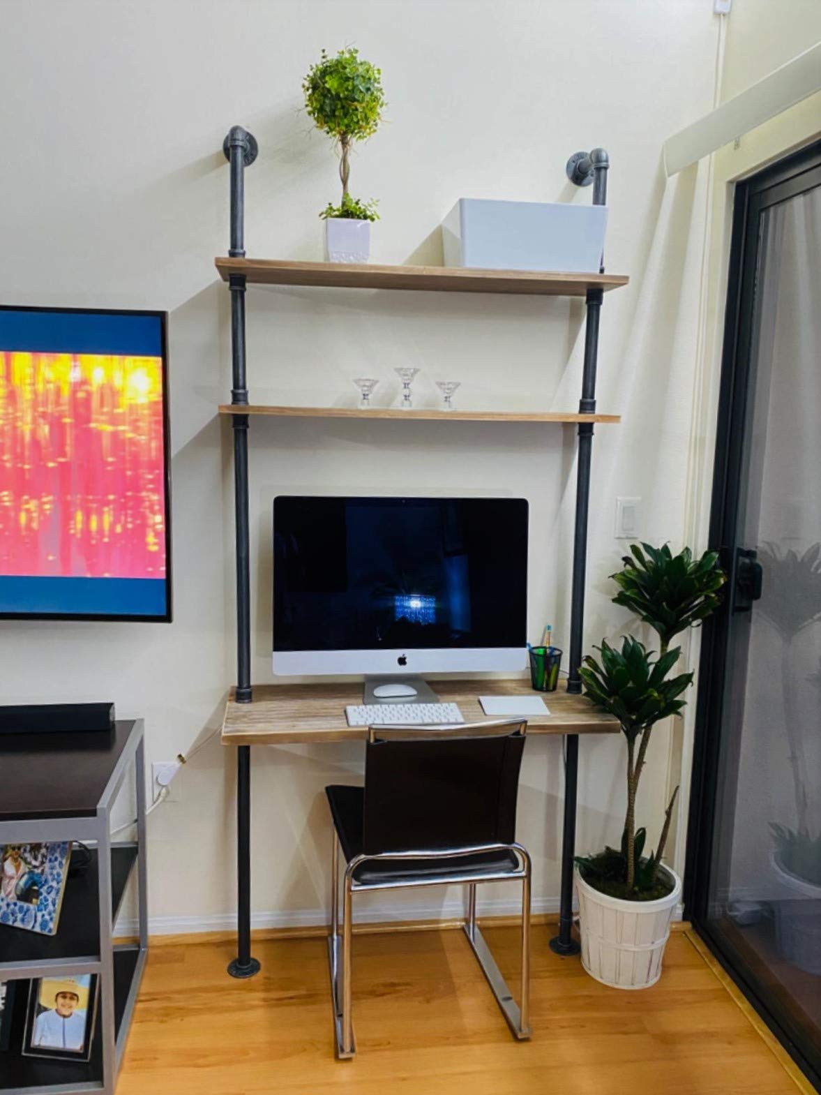 Industrial Style Laptop Desk Solid Wood Computer Desk Storage Table with Shelves Wall Shelf Bookshelf Floating Shelves for Home Office(Gray,Depth 14in)