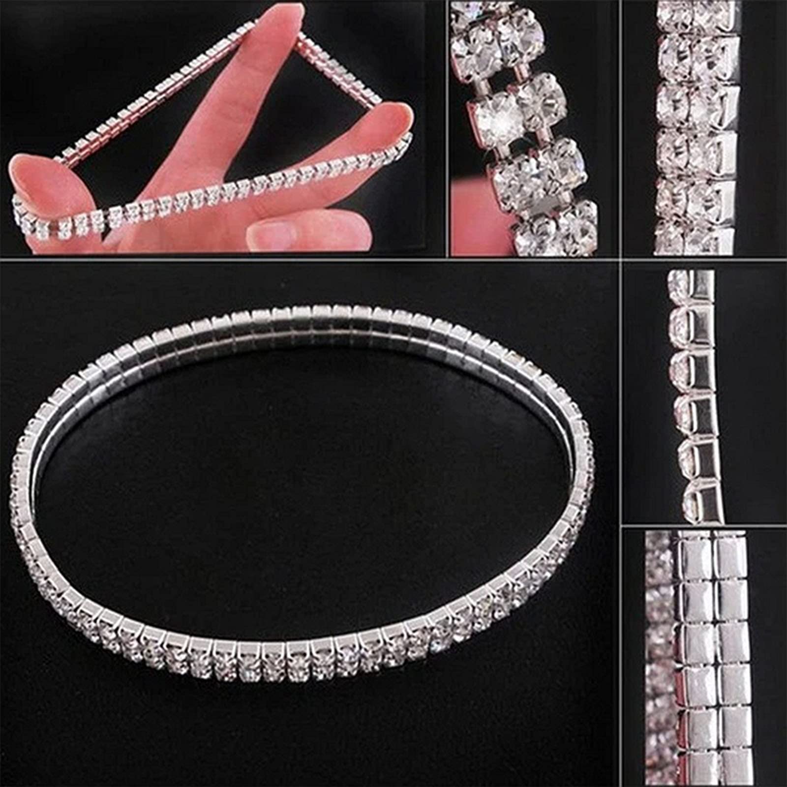 HLIN Rhinestone Bracelet for Women 5Pcs Strand Stretch Silver-tone Sparkling Bridal Tennis Bangle