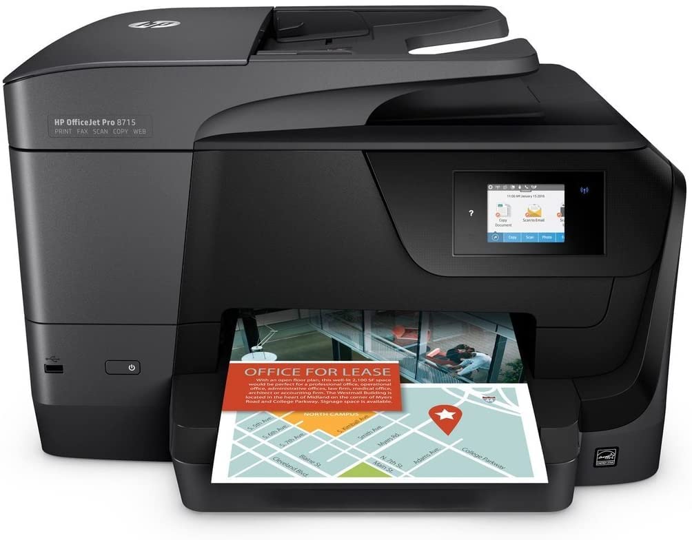 HP OfficeJet Pro 8715 All-in-One Touch Screen Bluetooth Wireless Scanner Copier Manufacturer's Warranty Networkable Fax Duplex Black Printer