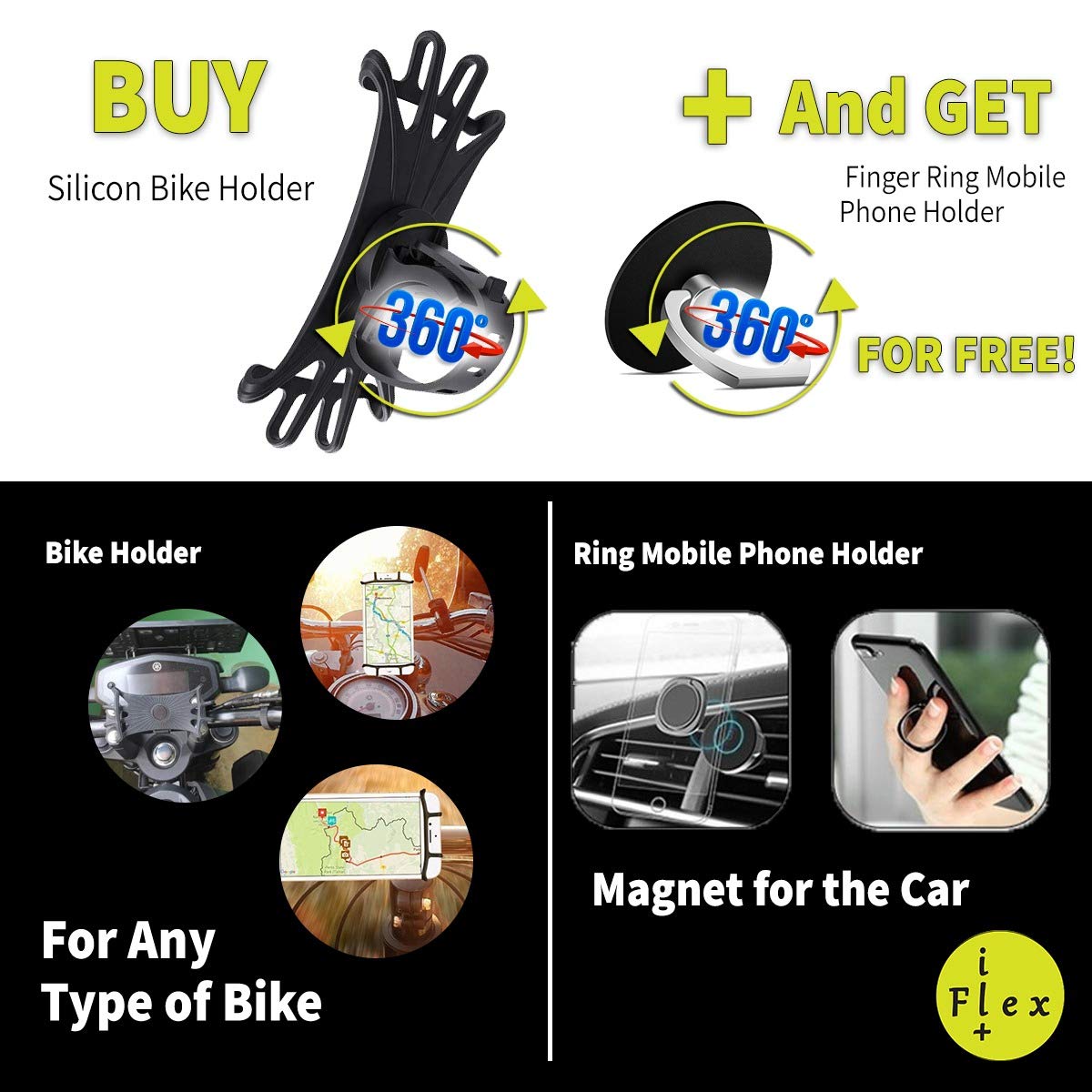 iFlexplus Bike Phone Holder for iPhone 12 Pro/12 mini/12/11 Pro Max/XR/8, Samsung S20/S10, Adjustable Universal Silicone Phone Mount for Bicycle/Stroller/Handlebar Accessories (1 Pack)