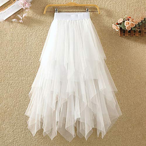 Long Tulle Skirt for Women White Vacation Waist A Line Elastic Spring Solid Color Mesh High Night High Slit
