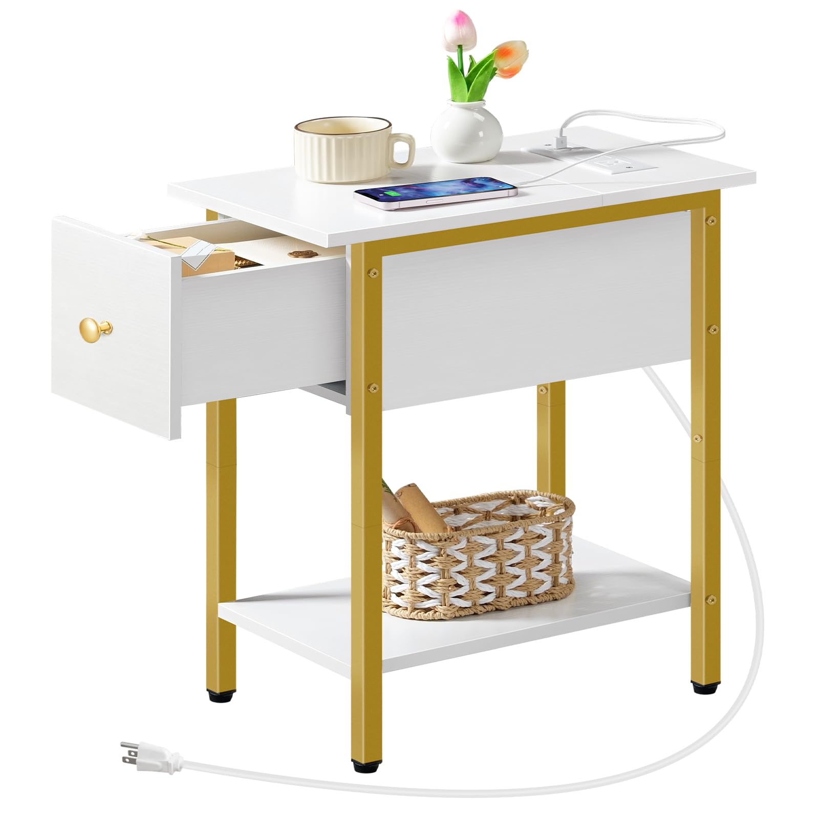 HOOBRO Side Table with Charging Station, Narrow End Table, Bedside Table, Sofa Side Table with Drawer, 2-Tier Coffee Table, Space Saving, Living Room, Bedroom, Study, Gold and White DW041UBZ01
