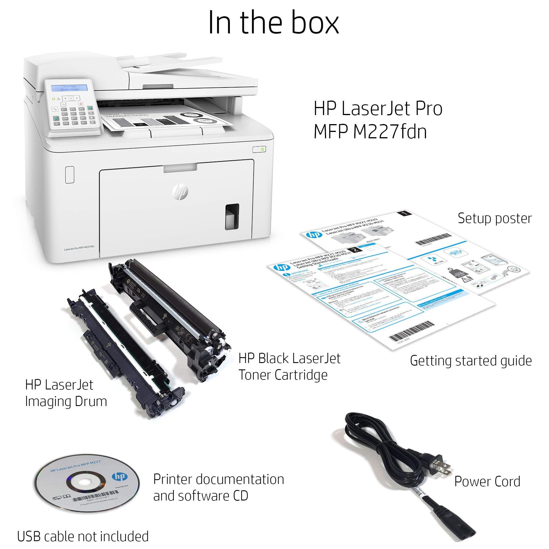 HP Laserjet Pro MFP M227fdn All-in-One NFC Ethernet Wired Monochrome Laser Printer - Print Scan Copy Fax - 30 ppm, 1200 x 1200 dpi, Auto Duplex Printing, 35-Sheet ADF, Cbmou Printer Cable