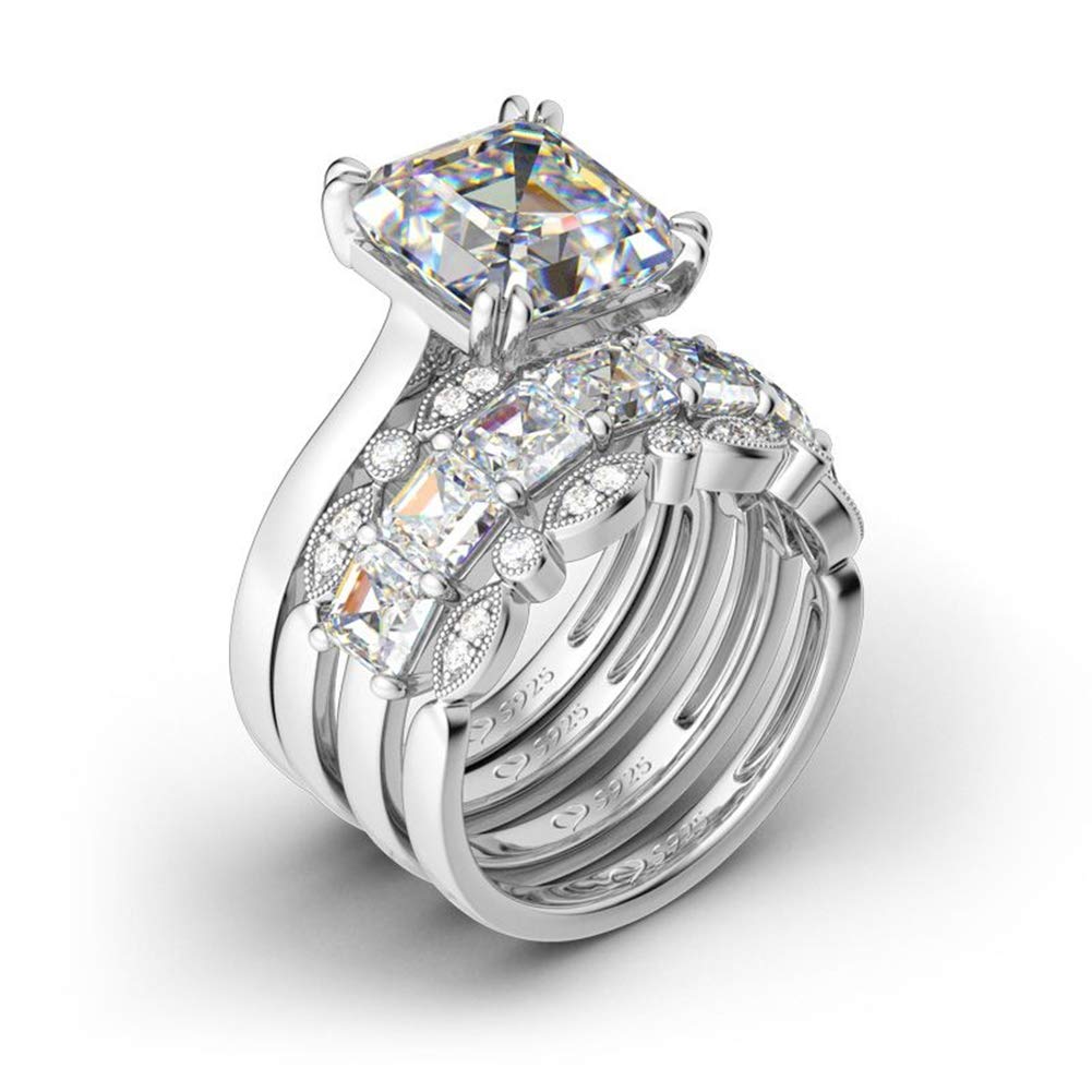 Jeulia 4PC Asscher Cut Sterling Silver Ring Set Cubic Zirconia CZ Engagement Anniversary Eternity Promise Wedding Band Ring Set with Jewelry Box (6.5)