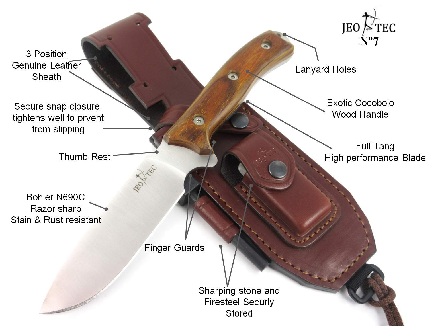 JEO-TEC Nº7 Bushcraft Survival Hunting Tactical Knife - BOHLER N690C Stainless Steel, Multi-positioned Leather Sheath, Sharpener Stone & Firesteel Included - Handmade