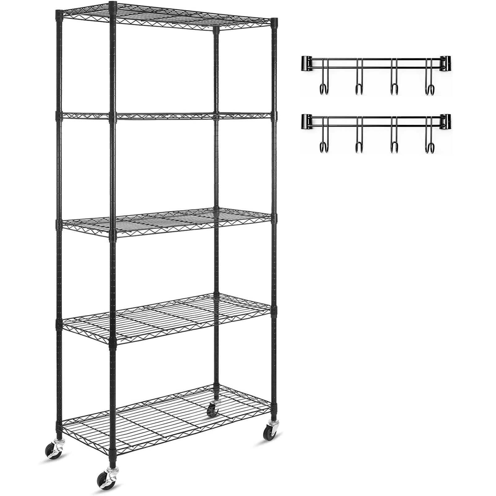 Hlyluoyi 5-Shelf Adjustable, Heavy Duty Storage Shelving Unit on 3'' Wheel Casters, NSF Metal Pantry Shelves, Wire Rack Storage Shelf for Garage Pantry Kitchen, Black, 30" W x 14" D x 63" H