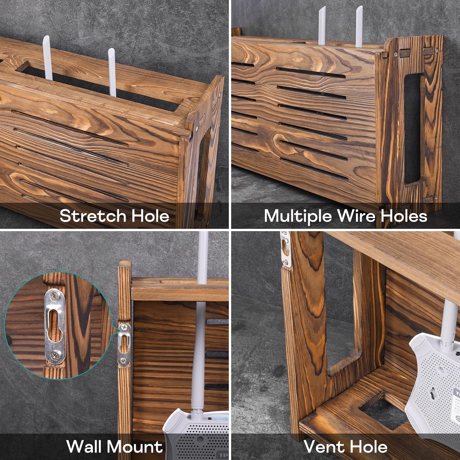 Router Shelf Wall Mount WiFi Router Storage Box Modem Cable Router Cover Organized Power Strip Cable Management Hider Rack by Wood Need Assembly 26 * 9.8 * 5.4 in(L* H * D) SSE