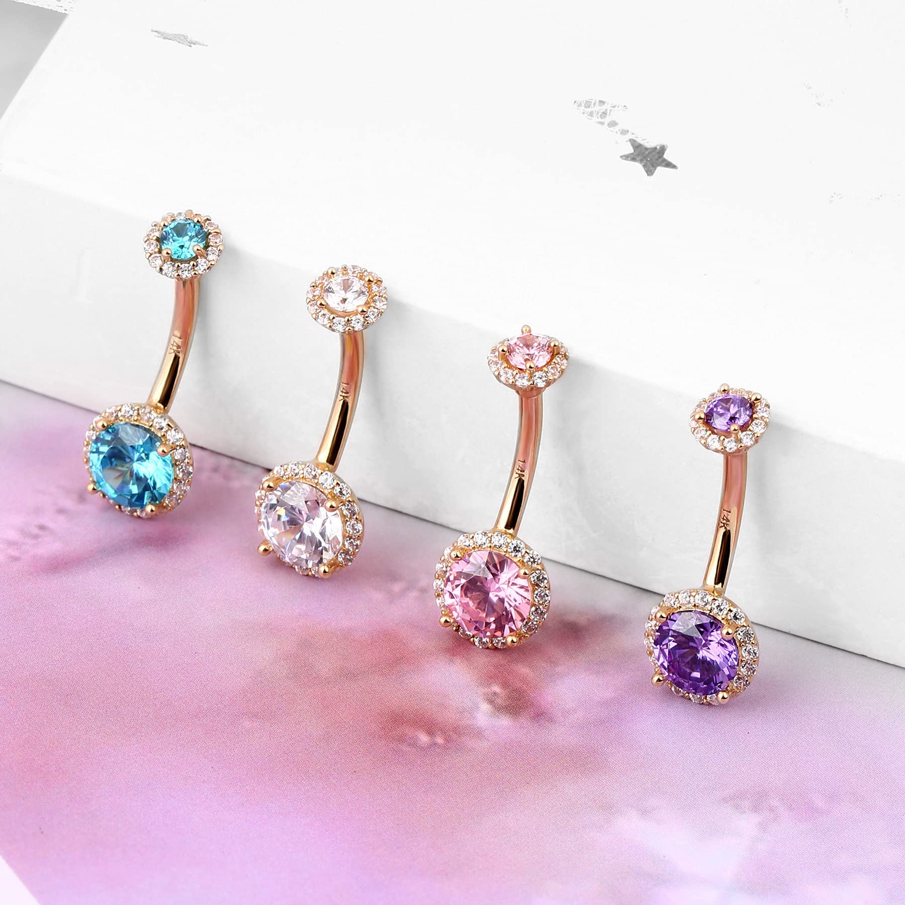 Jewseen 14K Gold Belly Button Ring Sparkling CZ Navel Rings Belly Bar Navel Piercing Body Jewelry