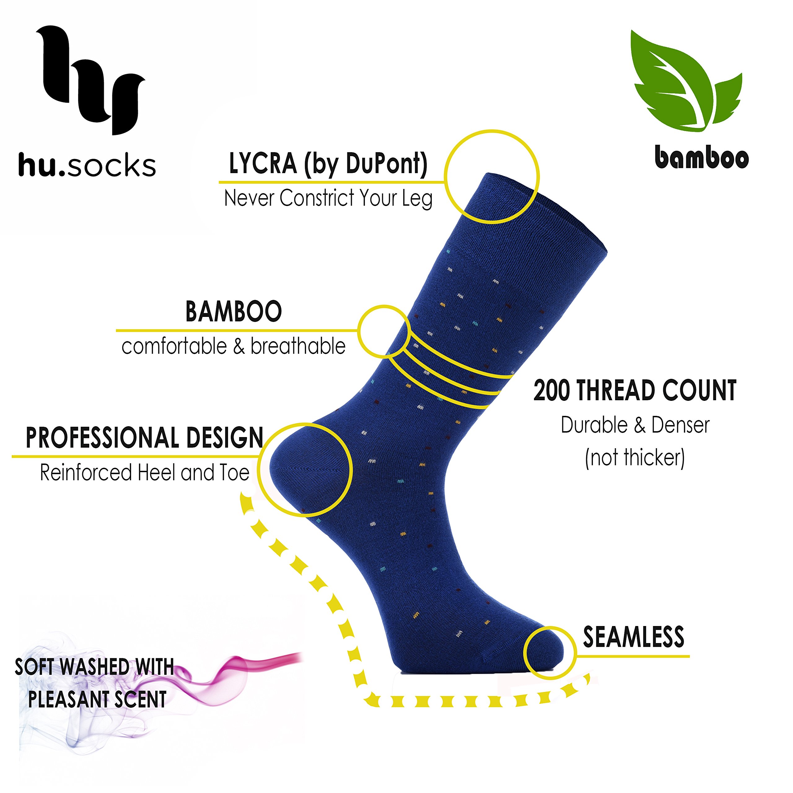 Hugh Ugoli Men's Bamboo Dress Socks for Business, Trouser | Thin, Seamless, Patterned Crew Socks in Gift Box, Shoe Size 7-12, Dice 1 I 6 Pairs