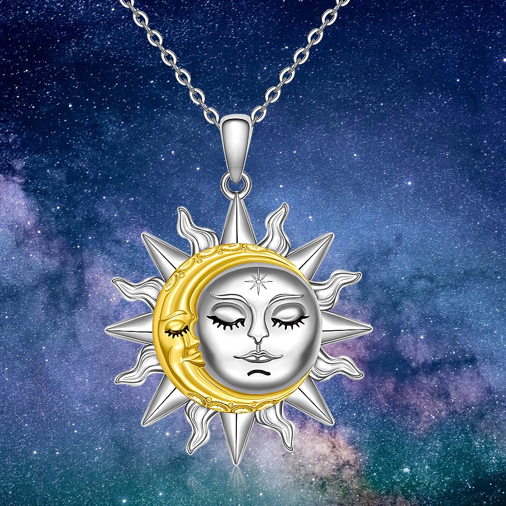 Jewlikee Sun Necklace Gold and Silver Moon Necklaces for Women Sun Moon Pendant Sunshine Sterling Silver for Couples Gift