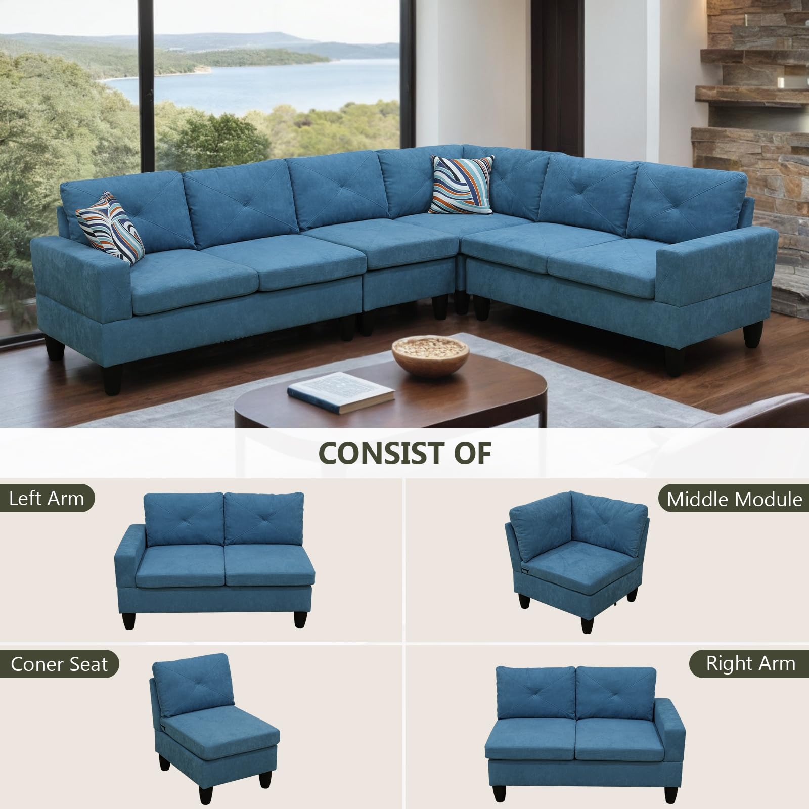 Rovibek L Shaped Sectional Sofa Couch U Shaped Couches for Living Room 6-Seater Corner Sofa Furniture Sets, Blue