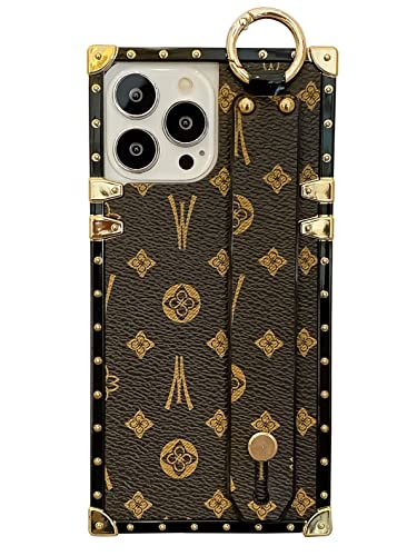 TRODINO Square Leather iPhone 14 Pro Max Case with Wristband Strap, Luxury Designer Trunk Box Phone Case for Women Girls, Hand Holder Ring Kickstand Shockproof Protective Bumper Case 6.7” (Brown)