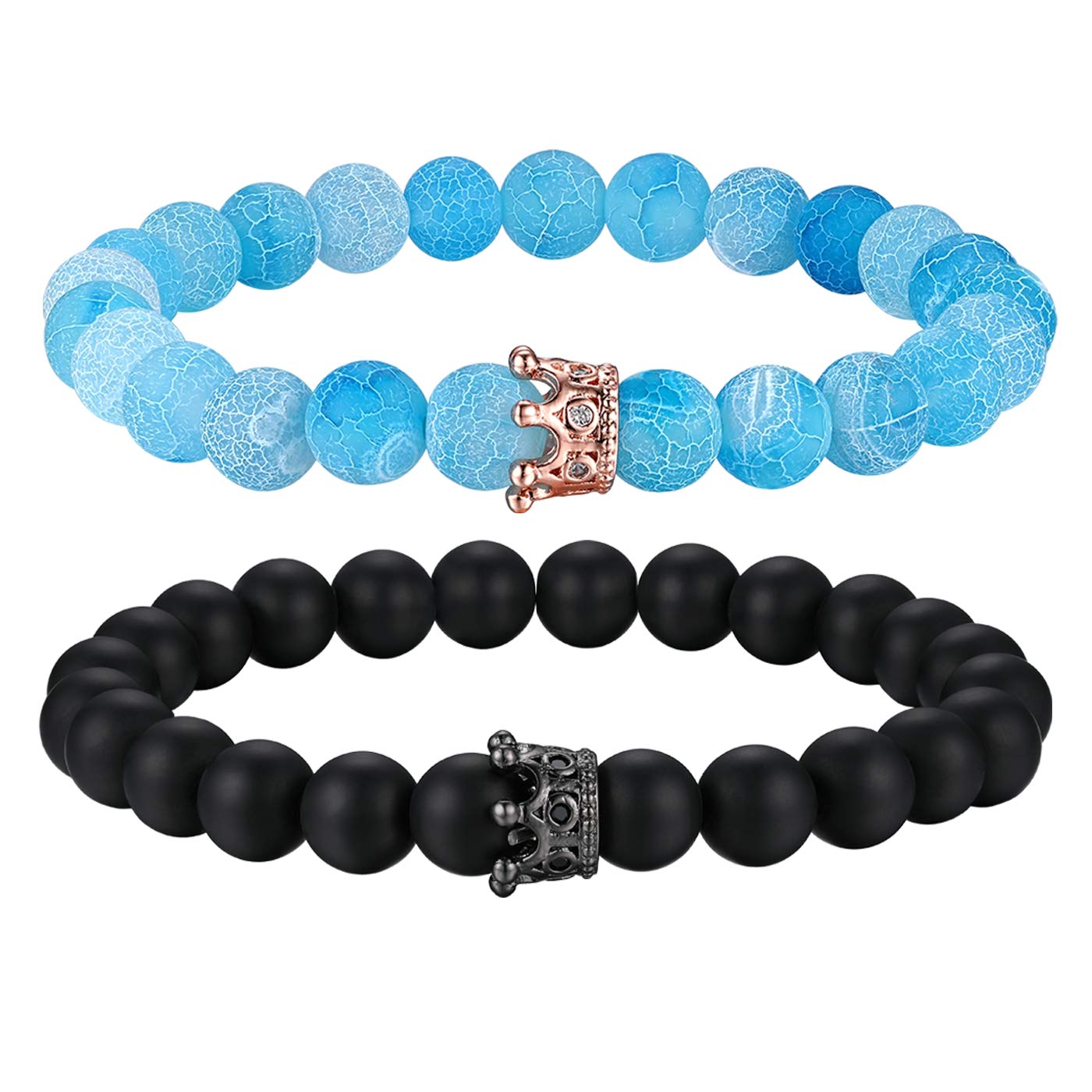 LONGLITTER Couple Beaded Bracelets Bangles Set Black Matte Agate & White Howlite Natural Stone Crown Queen Bracelet - E