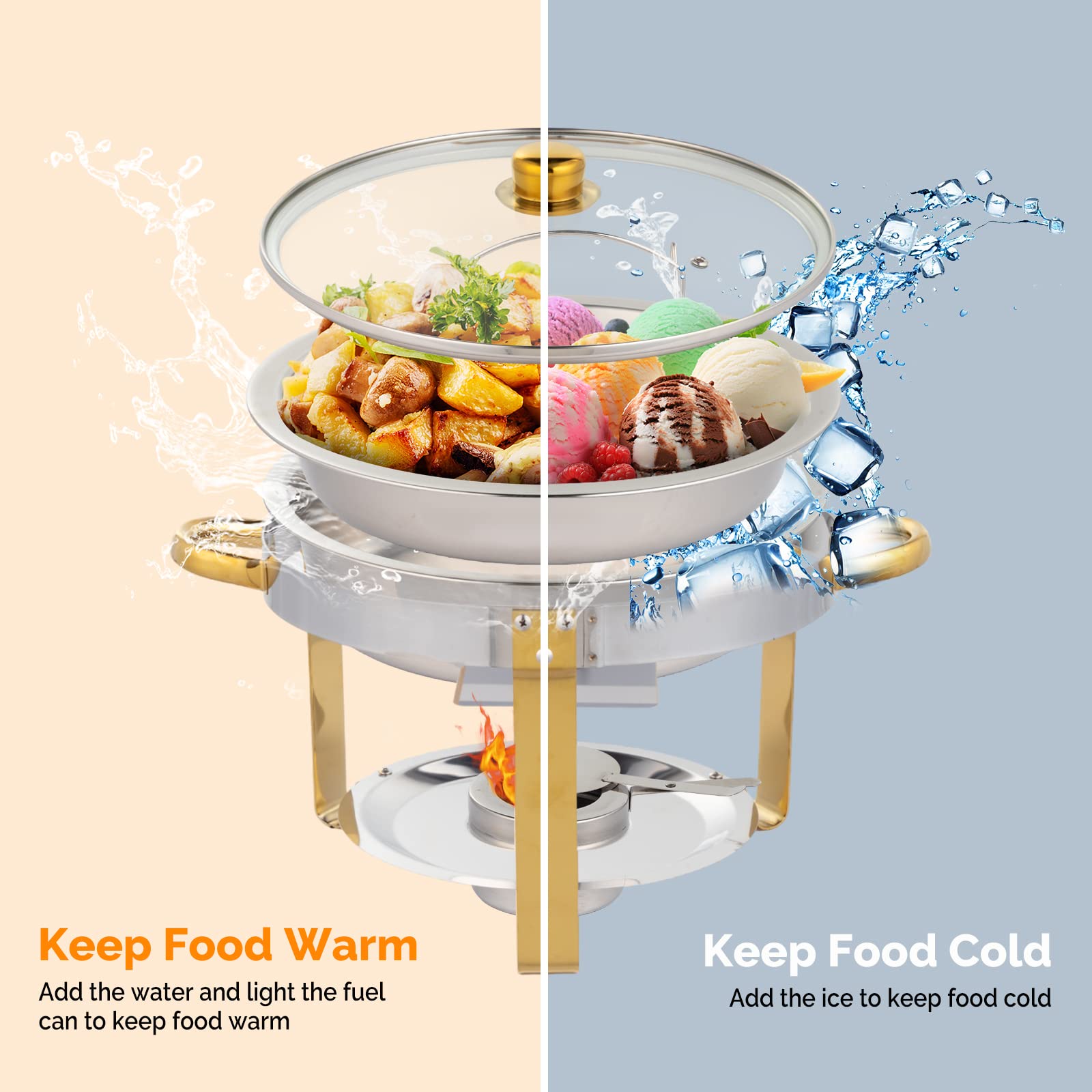 ROVSUN 5QT 8 Packs Chafing Dish Buffet Set Gold Accent, Round NSF Stainless Steel Buffet Warmer Chafers and Buffet Warmers Sets with Glass Lid & Lid Holder for Catering Events Parties Weddings Dinners