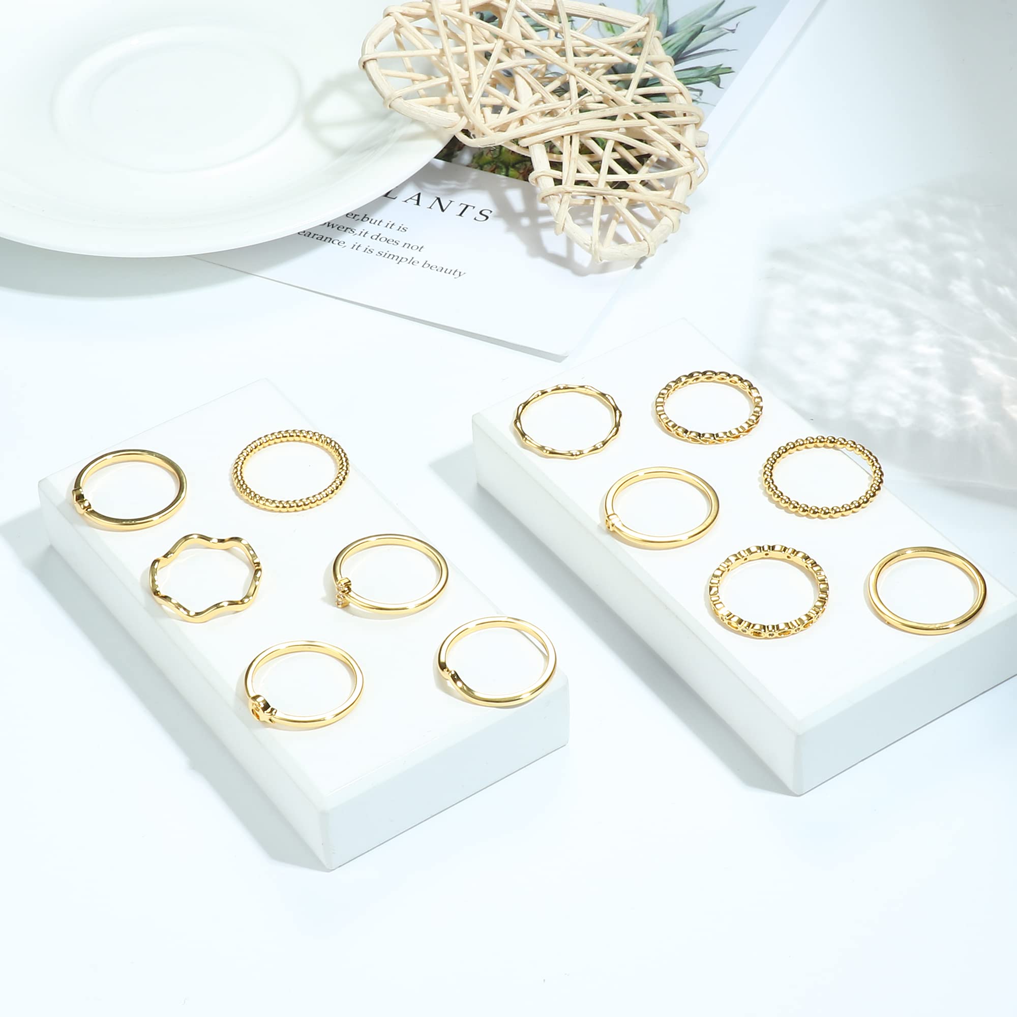 JeryWe 12Pcs 14K Gold Plated Stacking Rings for Women Stackable Knuckle Gold Band Ring Plain Twist Thumb Thin Gold Rings Pack Wave Joint Finger Wedding Silver Ring Set Size 8
