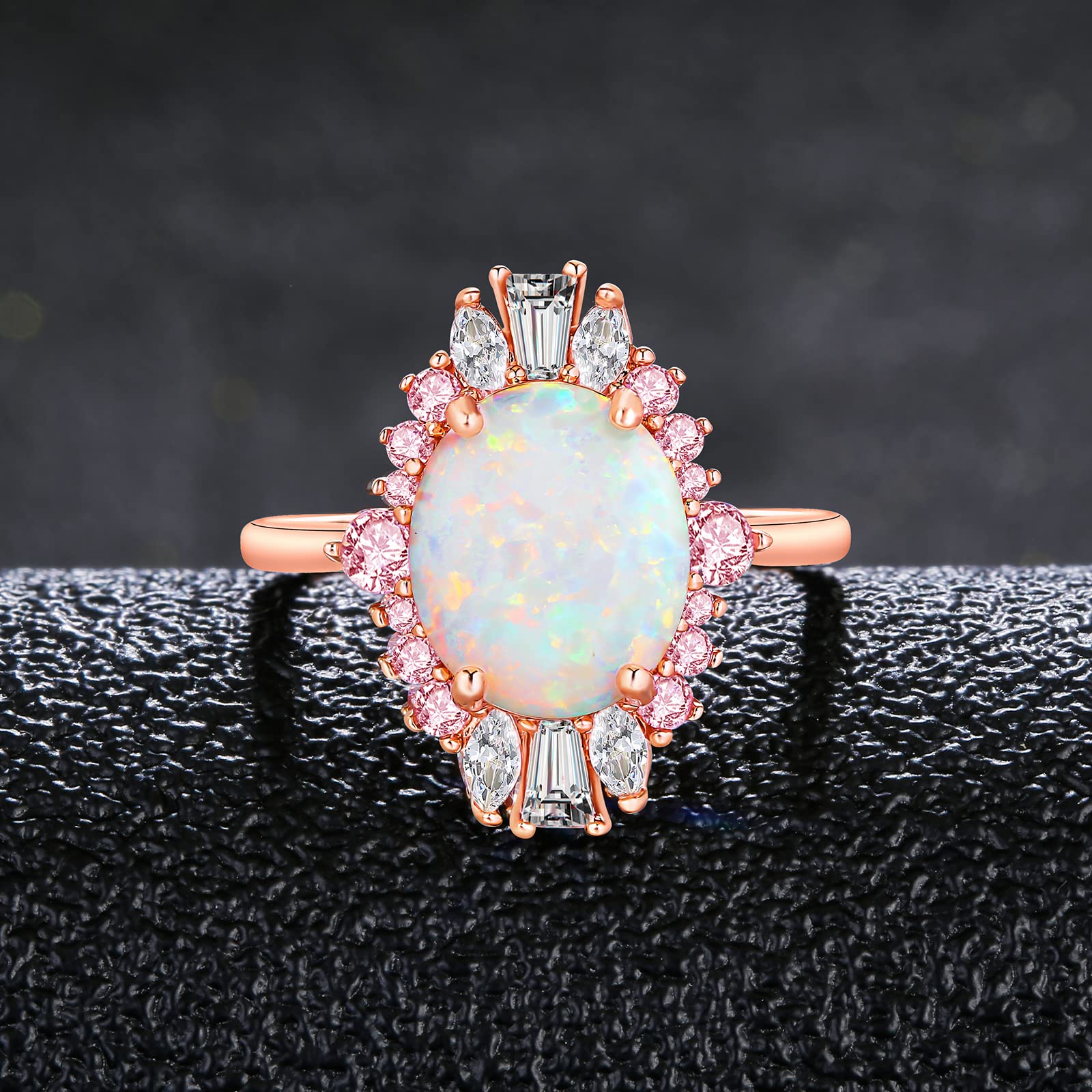 LAZLUVU White Opal Ring Oval Cut Created Opal Solitaire Engagement Wedding Rings with Cubic Zirconia Promise Ring Jewelry For Women