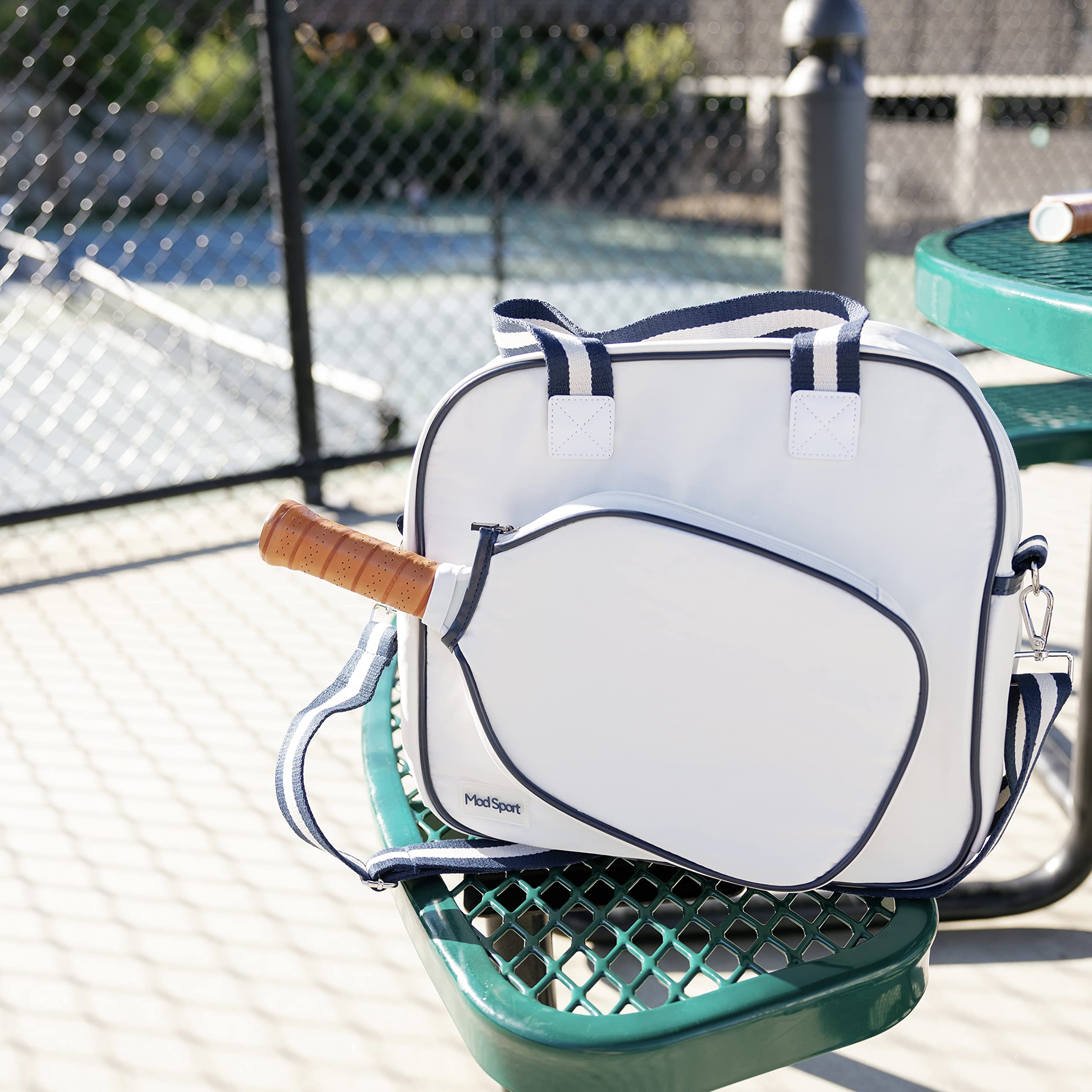 Mod Sport Pickleball Bag Premium Pickleball Tote Bag with Racket Case, Water Bottle Holder, Shoulder Strap (White)