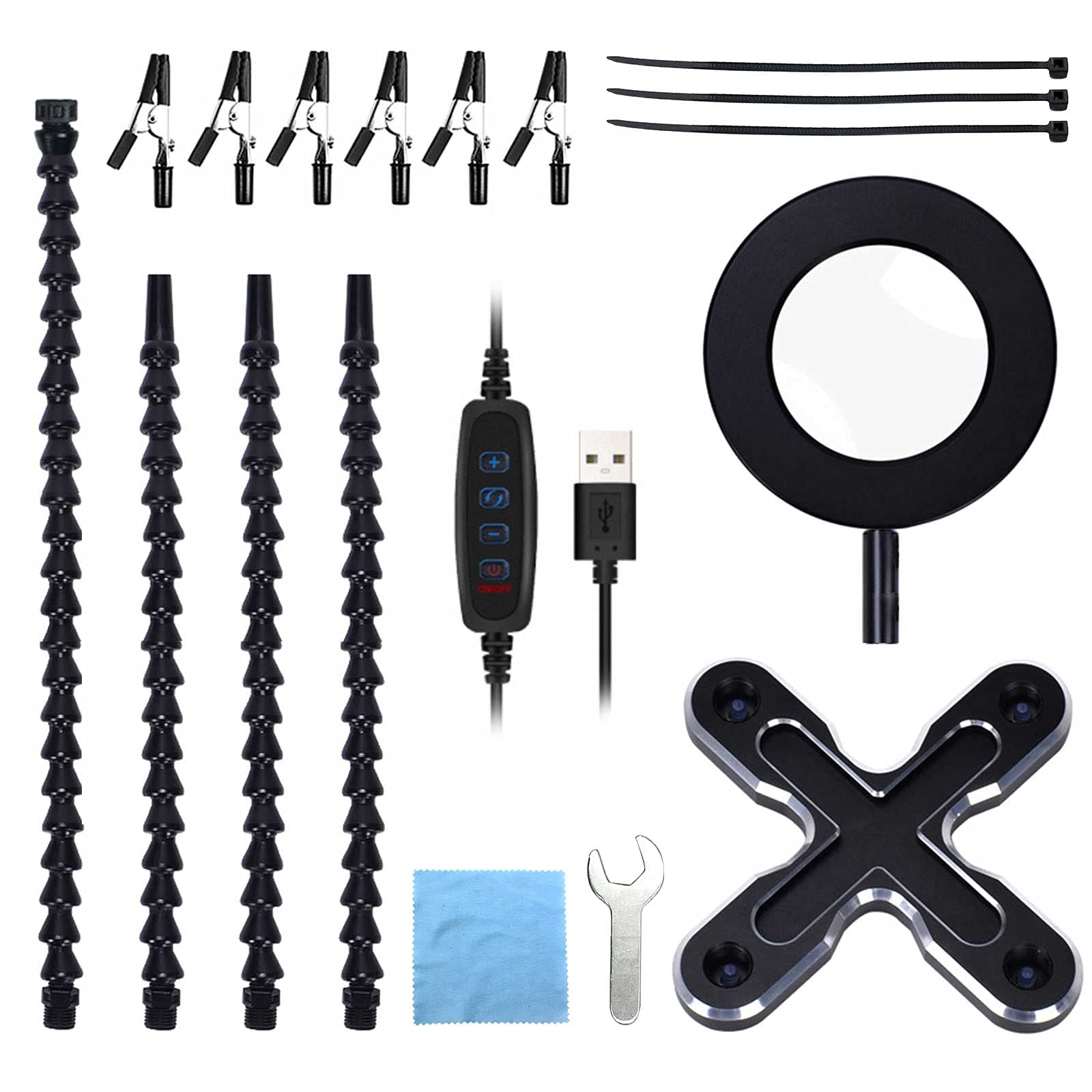 Helping Hands Soldering, Third Hand Soldering PCB Holder Tool, 4 Arms Helping Hands, 5X Magnifying with LED Lighted Magnifying, Non-slip Aluminum Base for Electronics Repair Assembly Modeling Woodwork