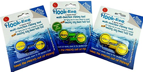 HOOK-EZE Quick Fishing Knot Tying Tool (Pack of 3), Standard Size - Easy Tying Fishing Hooks Cover - Line Cutter - Ideal for Saltwater & Freshwater Fishing - Blue, Green & Yellow