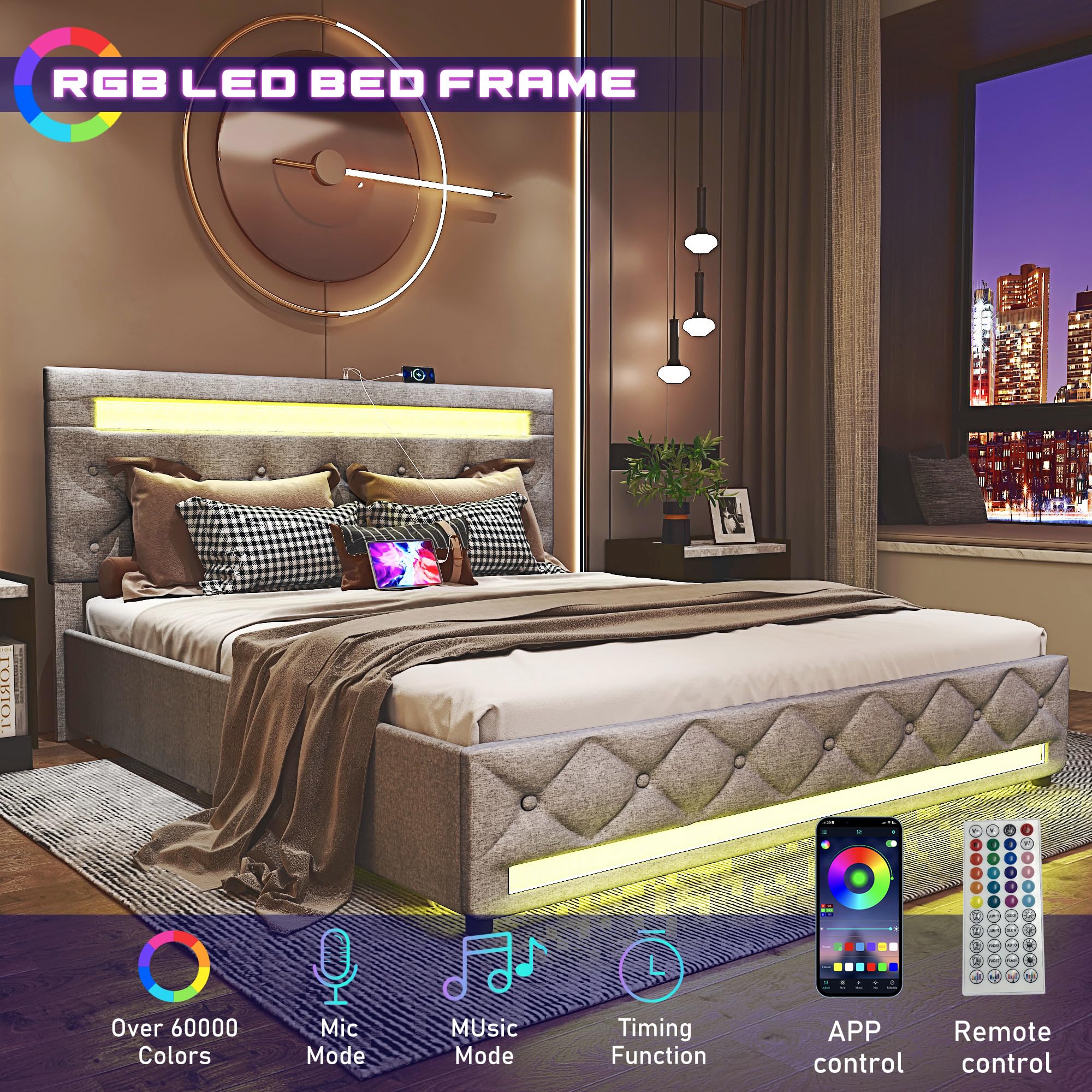 HOMFAMILIA Full Bed Frame with Headboard and Drawers, LED Bed Frame with Adjustable Storage & LED Lights Headboard, Upholstered Platform Bed with 2 USB Ports, No Box Spring Needed, Light Grey