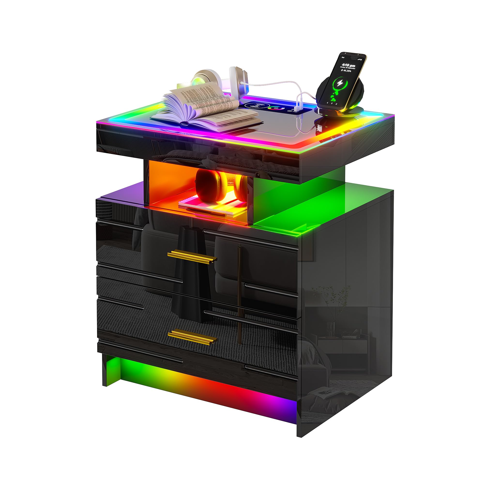 vkcc NightStand with LED Lights and Charging Station, Smart Night Stand with Auto Human Sensor, End Table with 2 Drawers, High Glossy Bedside Table for Bedroom Dorm, Black