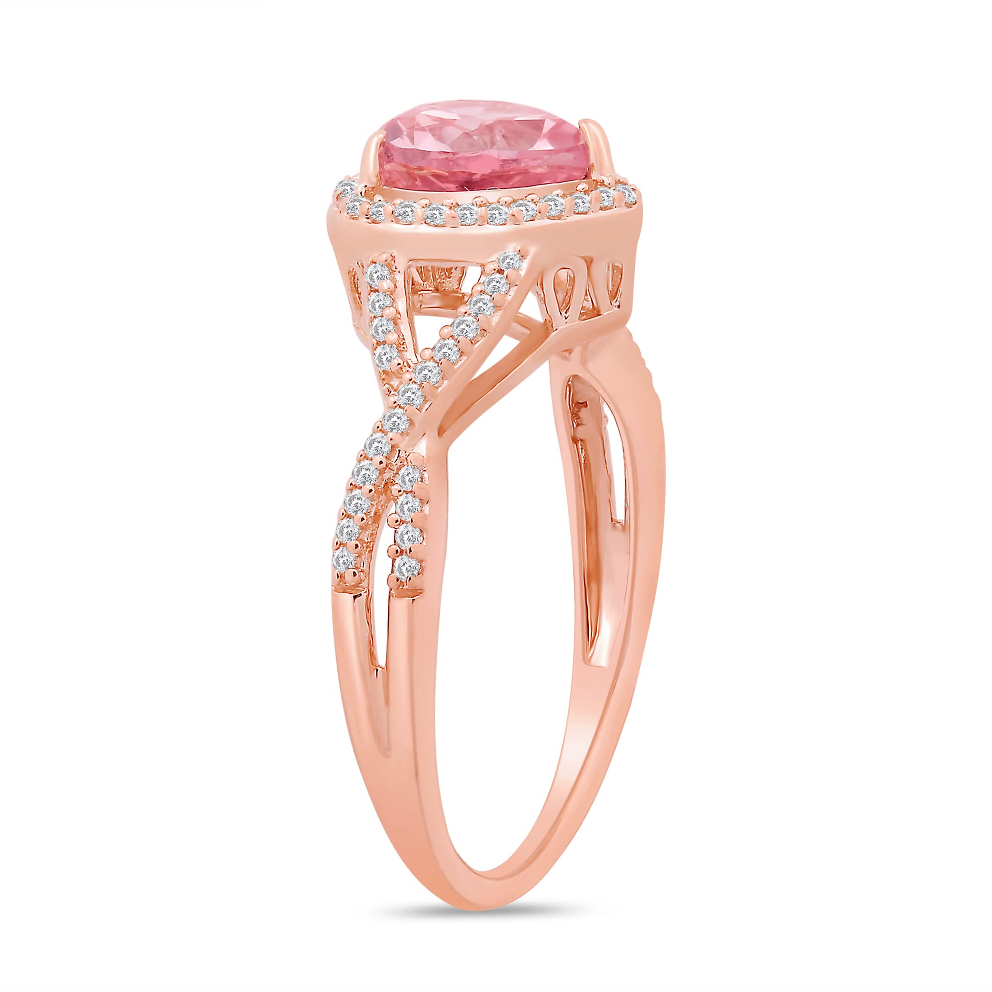 Jewelili Rose Gold over Sterling Silver 7 MM Heart Shape Created Morganite and Round Created White Sapphire Heart Ring, Size 7
