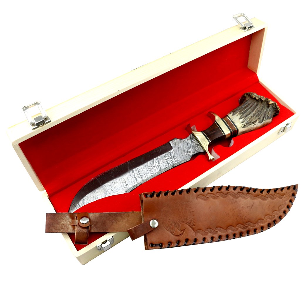 HUNT-DOWN 17" Damascus Steel Real Stag Horn Handle Hunting Knife Hand Made With Leather Sheath