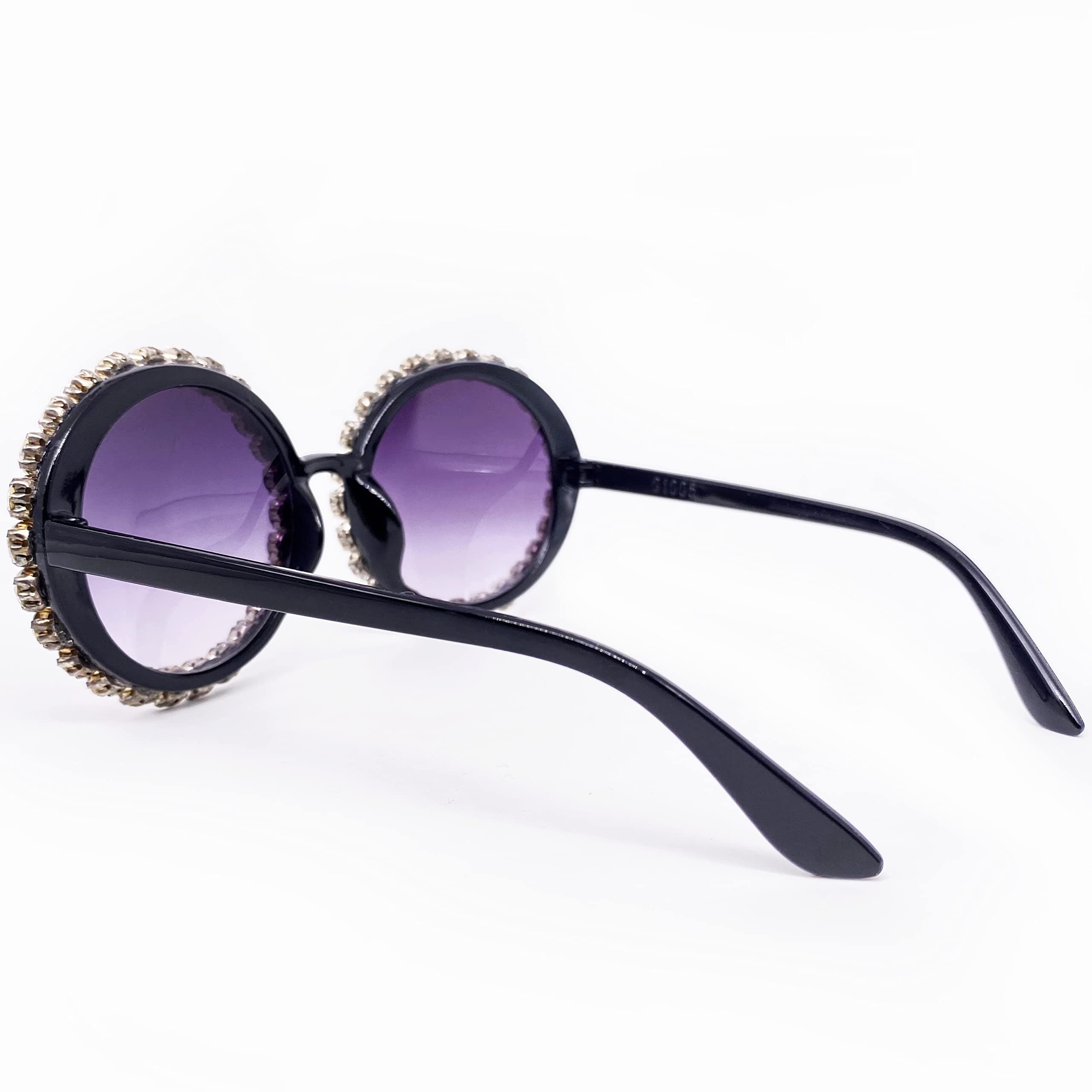 HOUSE PARTY 2K20 Stunning 4-Carat Rhinestone Studded Super Sparkly Sunglasses Elton John Style Round Oversize Deep Violet UV400 Polarized Lenses Onyx Black Frames