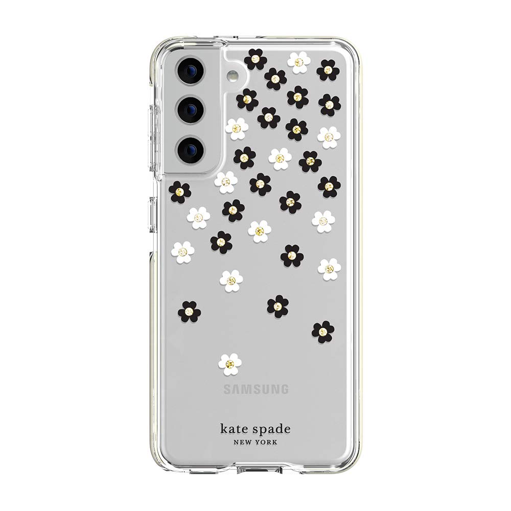 kate spade new york Defensive Hardshell Case Compatible with Samsung Galaxy S21 5G - Scattered Flowers Black/White/Gold Gems/Clear/White Bumper