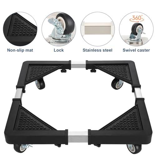 HQO LOVL Mini Fridge Stand with 4 Locking Wheels 17.7"-25.6" Adjustable Dolly Washing Machine Stand Base,for Furniture Portable Refrigerator Dryer Stand(Black)