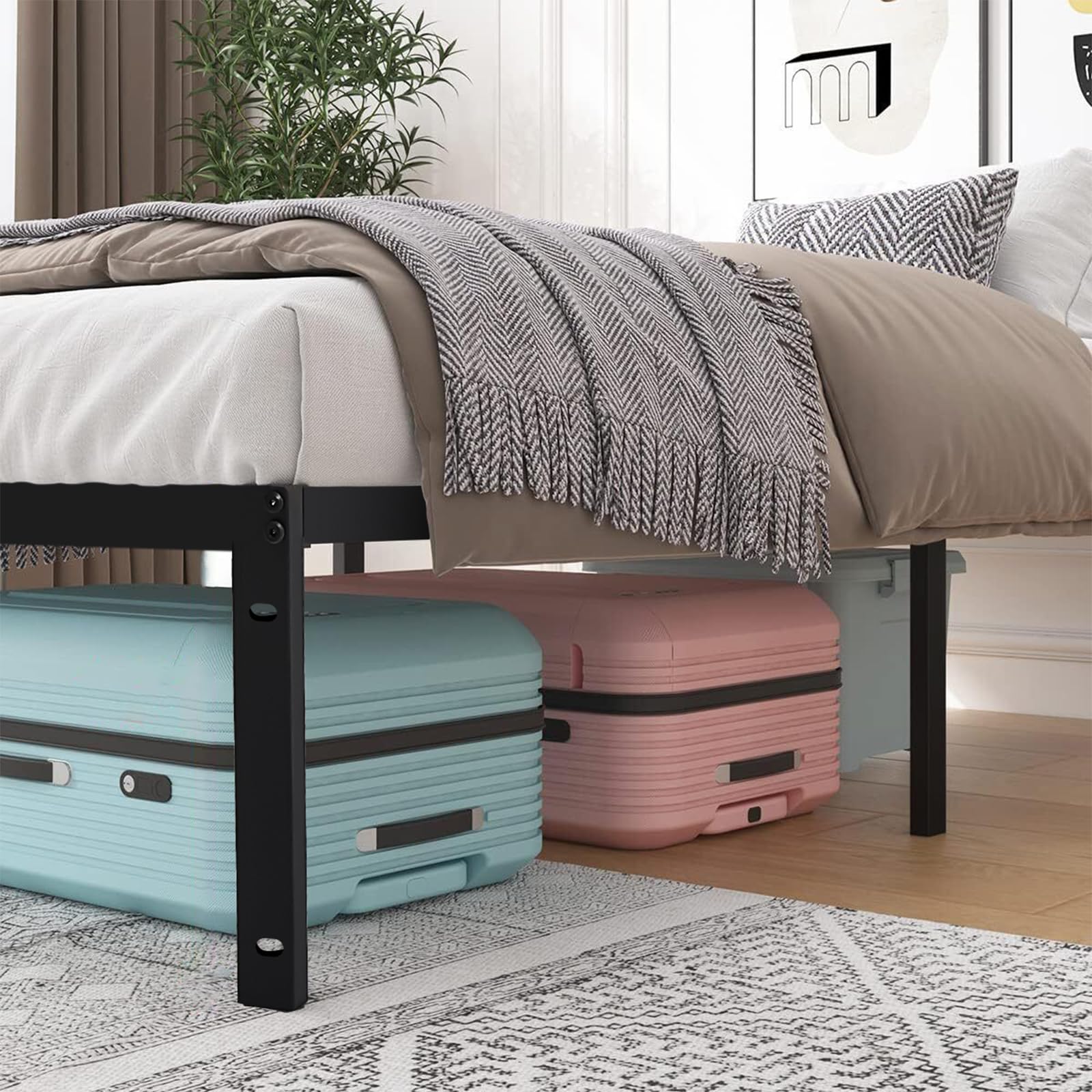 HFFTOO Metal Platform Bed with 9 Leg Base Queen Size Bed Frame with Ten Strong Metal Slats Support Black 79x59x14 Inch Black