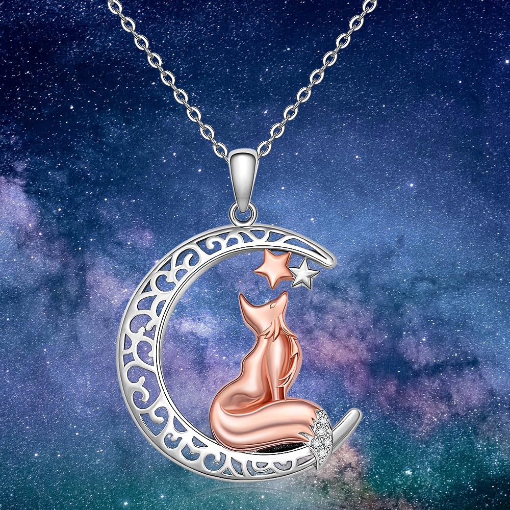 Jewlikee Fox Necklace Animal Fox Pendant 925 Sterling Silver Celtic Moon Cute Foxes Gifts