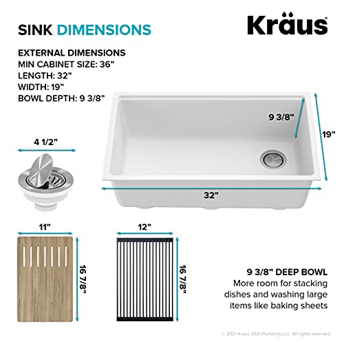 KRAUS Bellucci Workstation 32 in. Undermount Granite Composite Single Bowl Kitchen Sink in White with Accessories with WasteGuard™ Continuous Feed Garbage Disposal, KGUW1-33WH-100-75MB