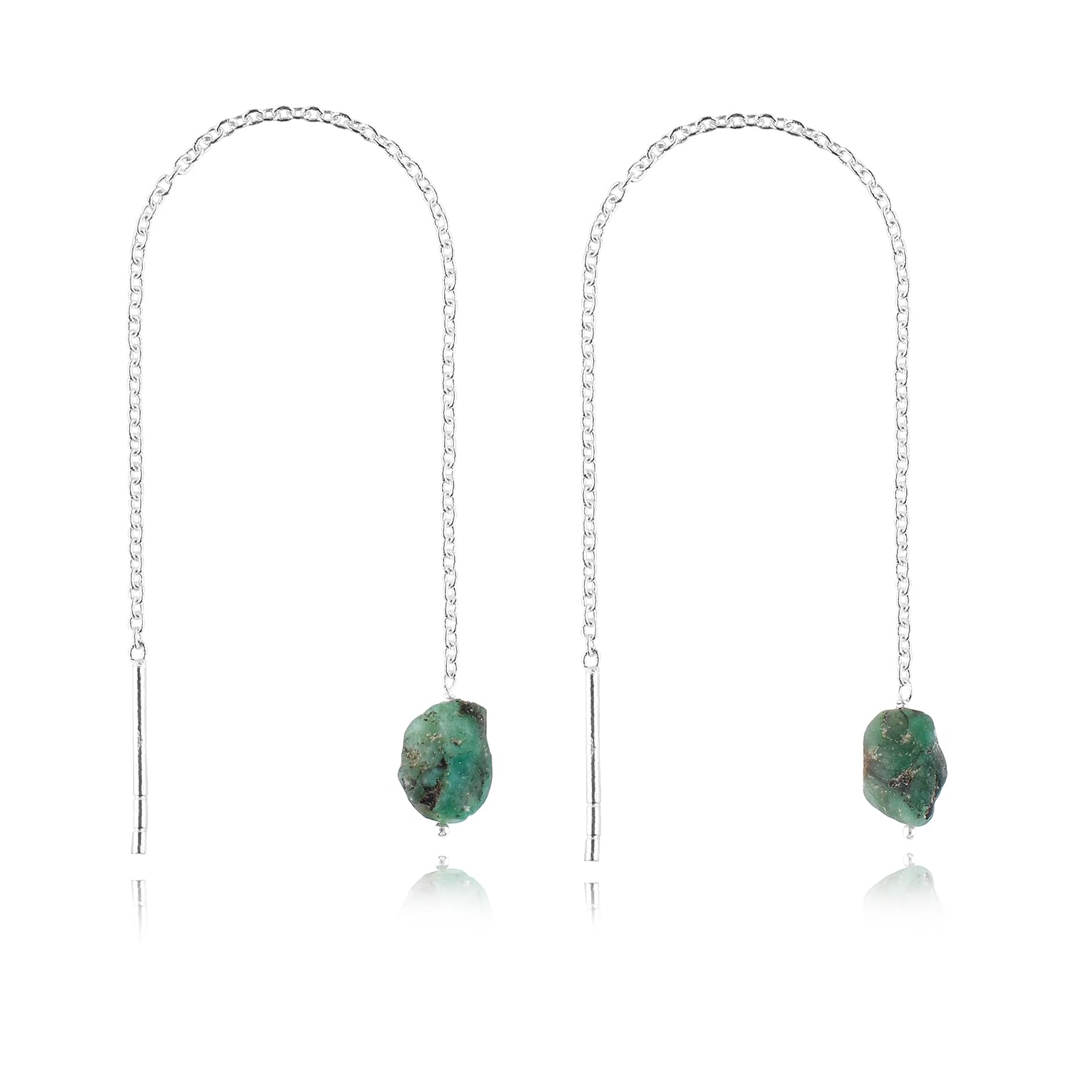 Graduation Gifts Raw Emerald Threader Earrings May Birthstone Natural Gemstone Handmade Silver Plated Chain Hypoallergenic Drop Dangle Earrings Pull Through Piercing Earrings for Women