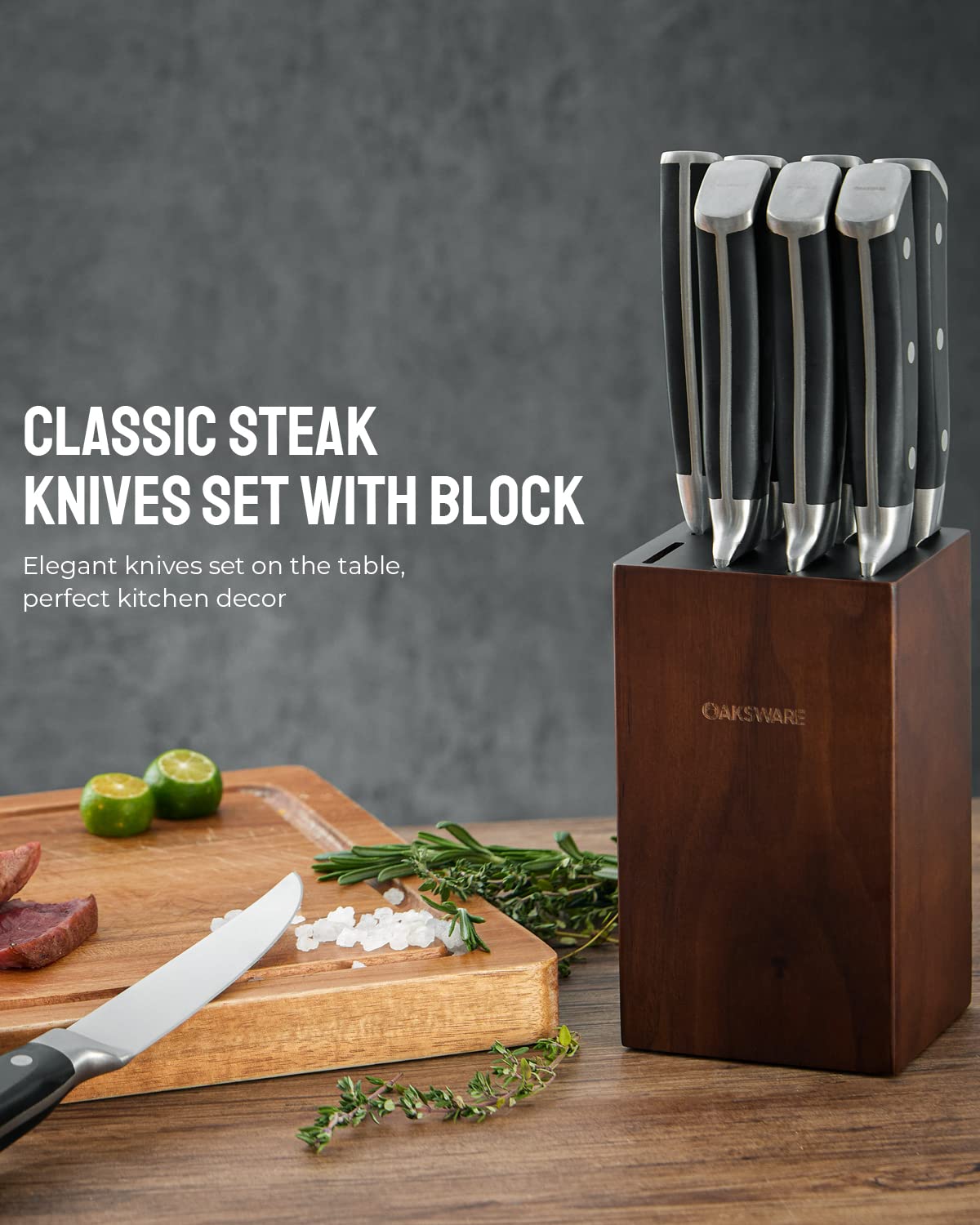 OAKSWARE Steak Knives Set of 8 with Walnut Block, 5 inch Non Serrated Steak Knife Set, 8 Pieces Straight Edge Kitchen Steak Knives - Forged German Steel - Full Tang Handle