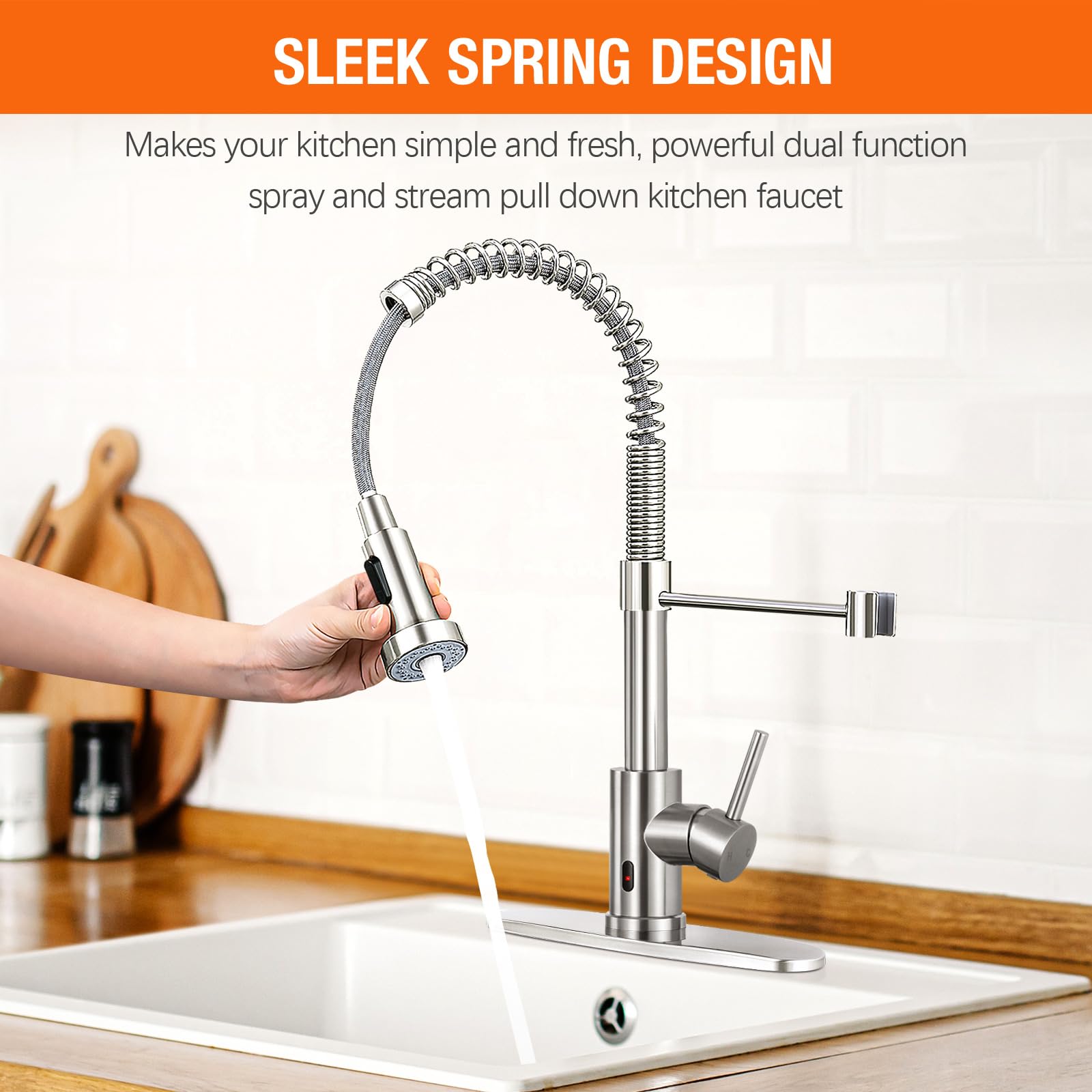 HGN Touchless Kitchen Faucets with Pull Down Sprayer, Motion Sensor Smart Hands-Free Activated Single Handle Spring Kitchen Sink Faucet