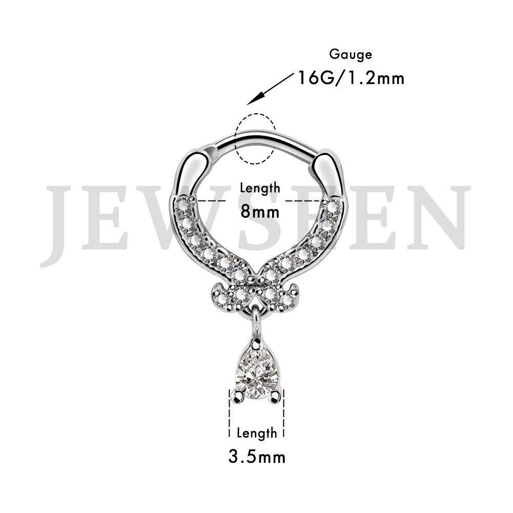 Jewseen Septum Rings Daith Piercing 16G Nose Piercing Ring septum jewelry Teardrop Clear CZ Paved Tragus Helix Earring