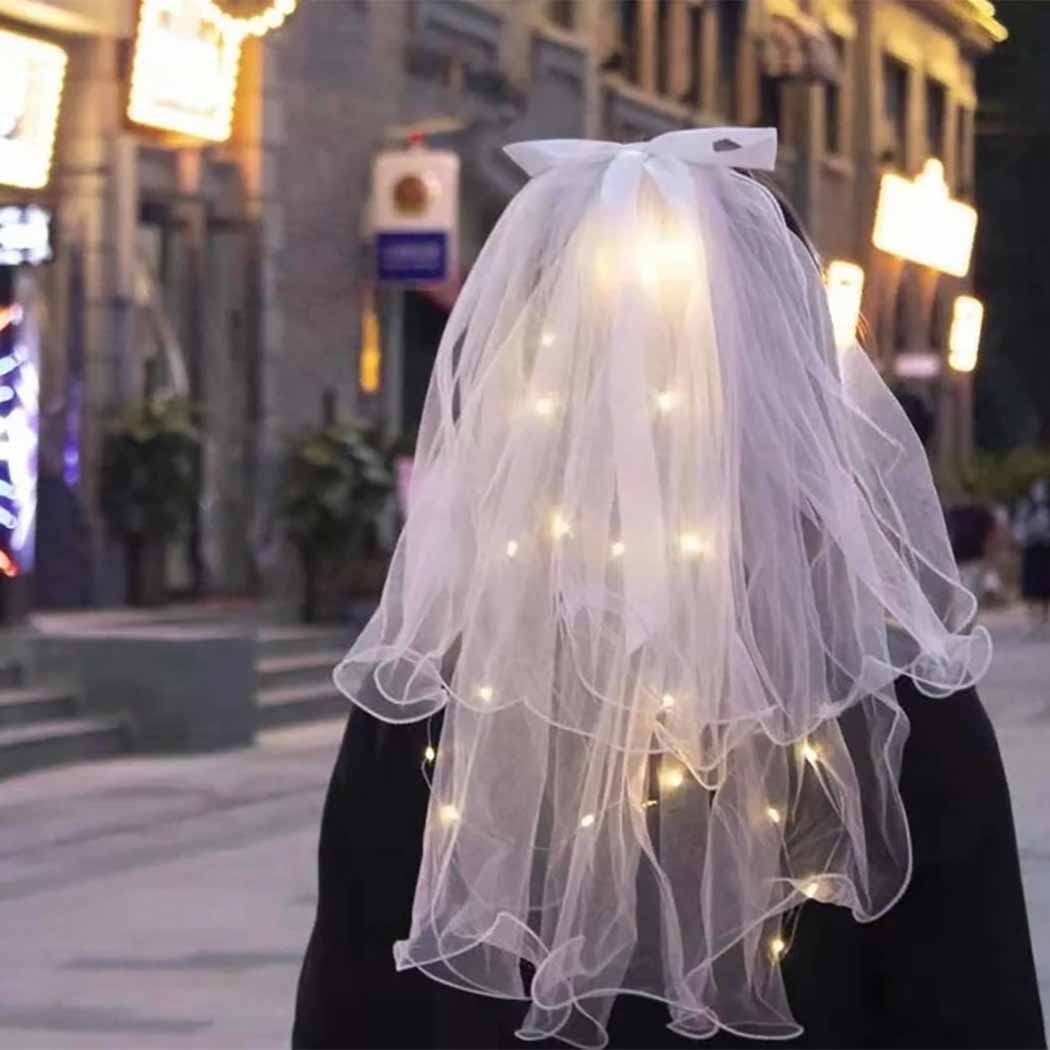JONKY 2 Tier Led Bride Wedding Veil White Light up Pencil Edge Bridal Veils with Hair Clip Glowing Party Club Statement Headpieces for Women(Warm)