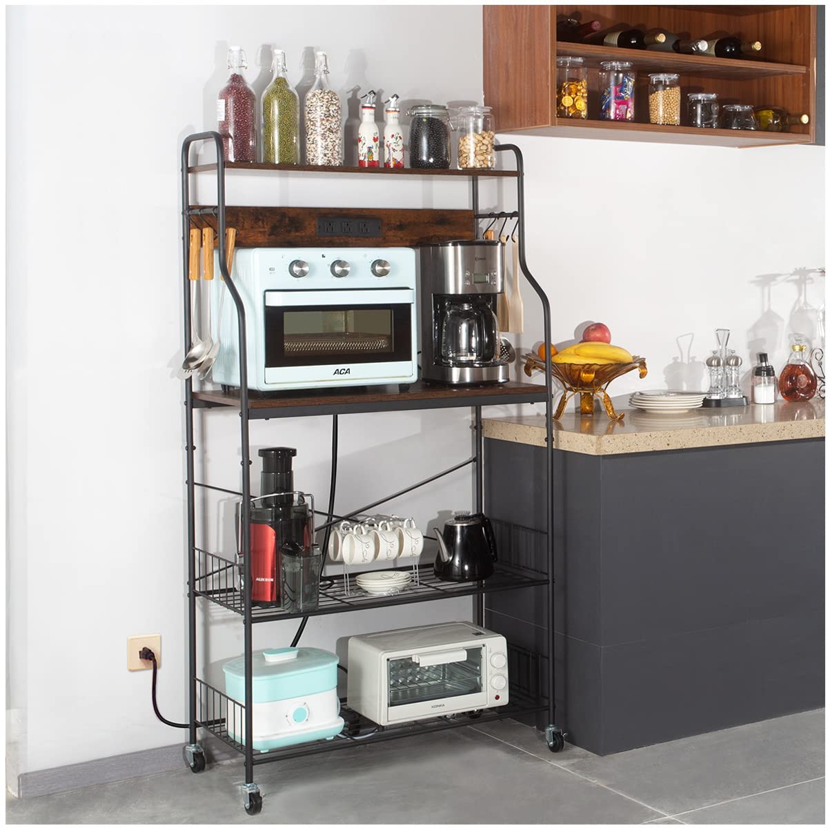 Hosfais Kitchen Appliance Organizer - Kitchen Shelves Freestanding with 3 Power Outlets, Microwave Stand with 4 Tiers Storage Shelf, Kitchen Appliance Stand with Hooks