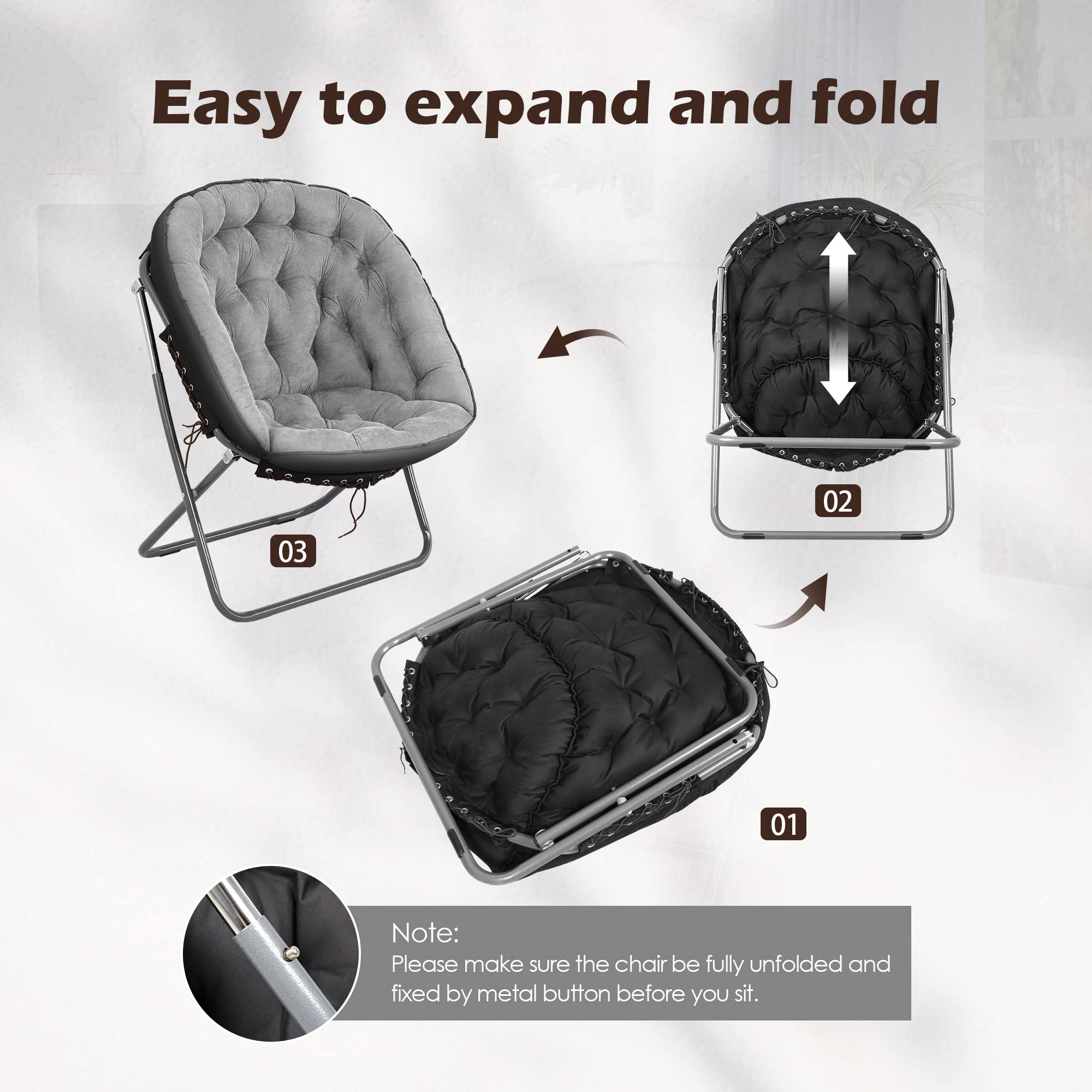 iw I WISH Saucer Chair for Adults,Folding Saucer Chair,Oversized Saucer Chair,Comfy Foldable Chair for Bedroom,Moon Chair,300 lbs (Grey)