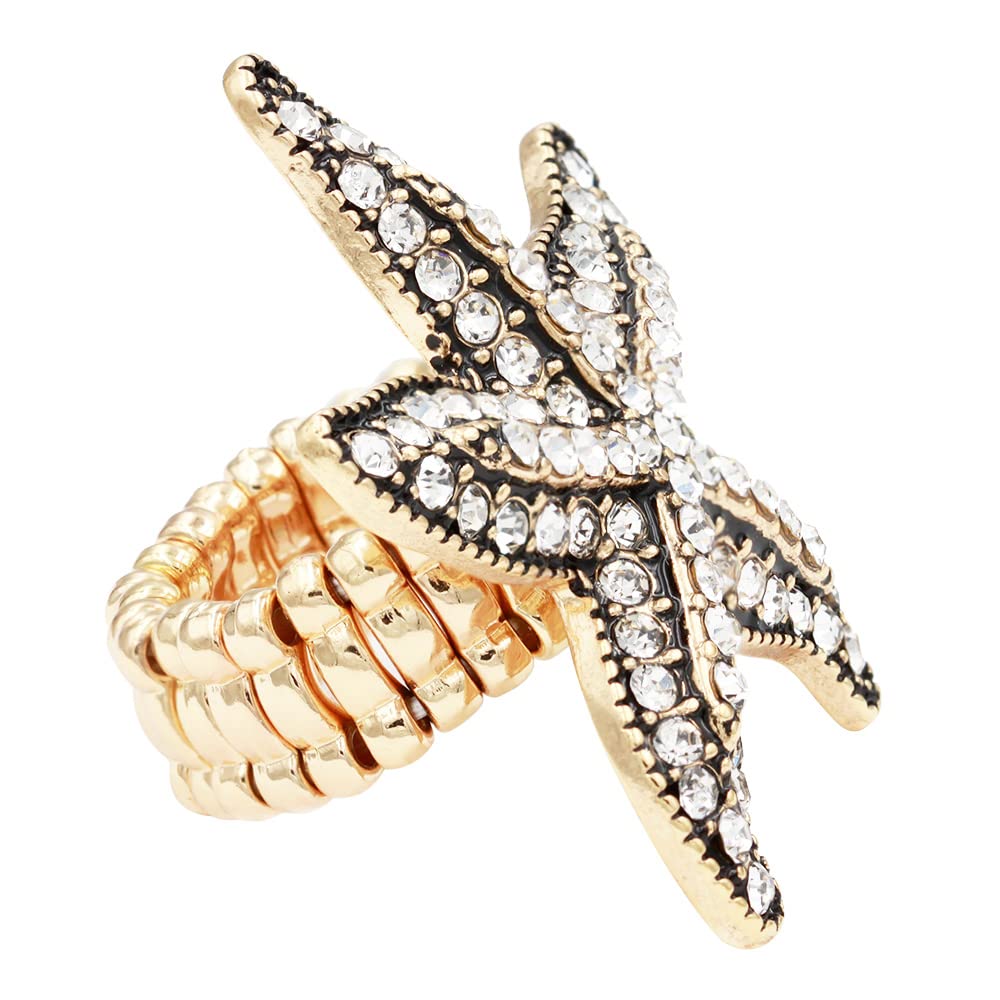 Lavencious Starfish Design Rhinestone Stretch Statement Ring for Women Size for 7-9(Silver Turquoise)