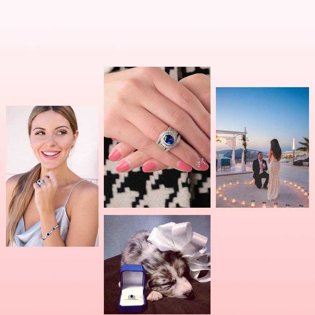 Jeulia Oval Solitaire Engagement Silver Ring: Sterling Bridal Ring Sets Sapphire Blue Cubic Zirconia Wedding Eternity Band with Jewelry Box (Blue, 7)