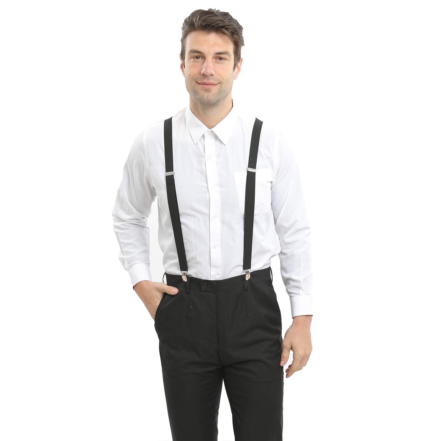 Leadtex Suspenders for Adult Y Shape with Strong Metal Clips Adjustable Elastic Braces Y Style One Size Fits All Wide,White.