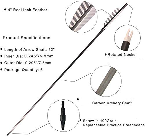 Huntingdoor 31 Inch Hunting Carbon Arrows, Replaceable Points Tips Arrows with 4 Inch Real Feather Fletching,400 Spine Targeting Arrows for Recurve Bow Longbow Practice White (Pack of 6)