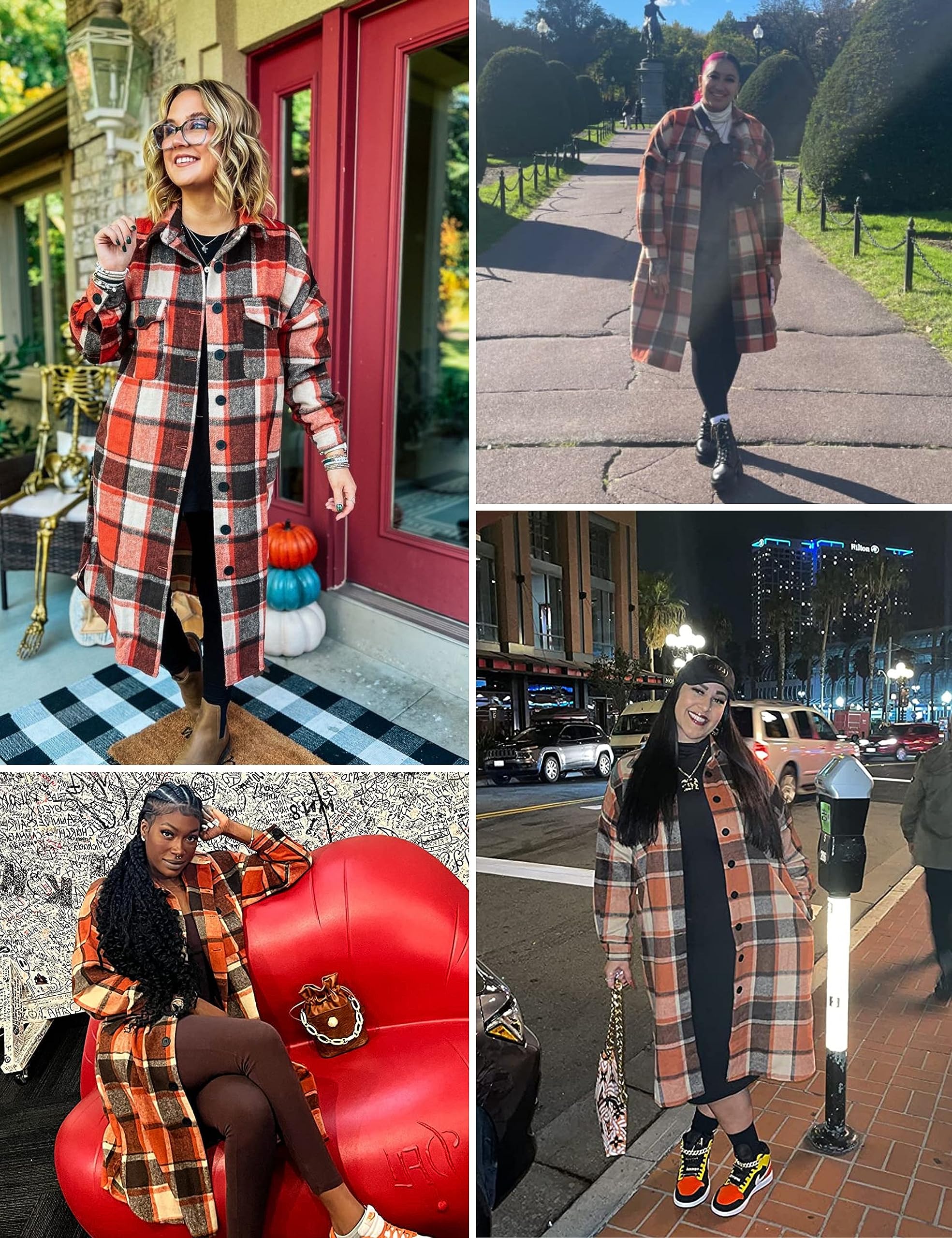 Himosyber Women's Casual Plaid Lapel Woolen Button Up Pocketed Long Shacket Coat (Red-S)