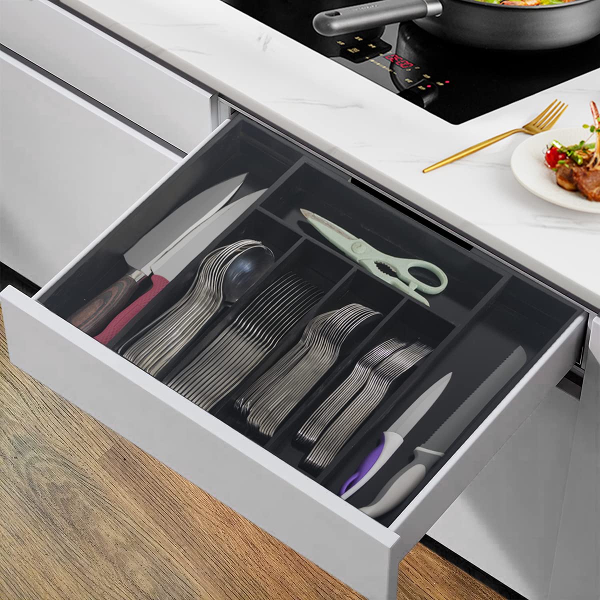 KMYC Silverware Utensil Organizer For Kitchen Drawers,Flatware Cutlery Collection Tray,Bamboo Kitchen Drawer Foldable And Expandable(Black)