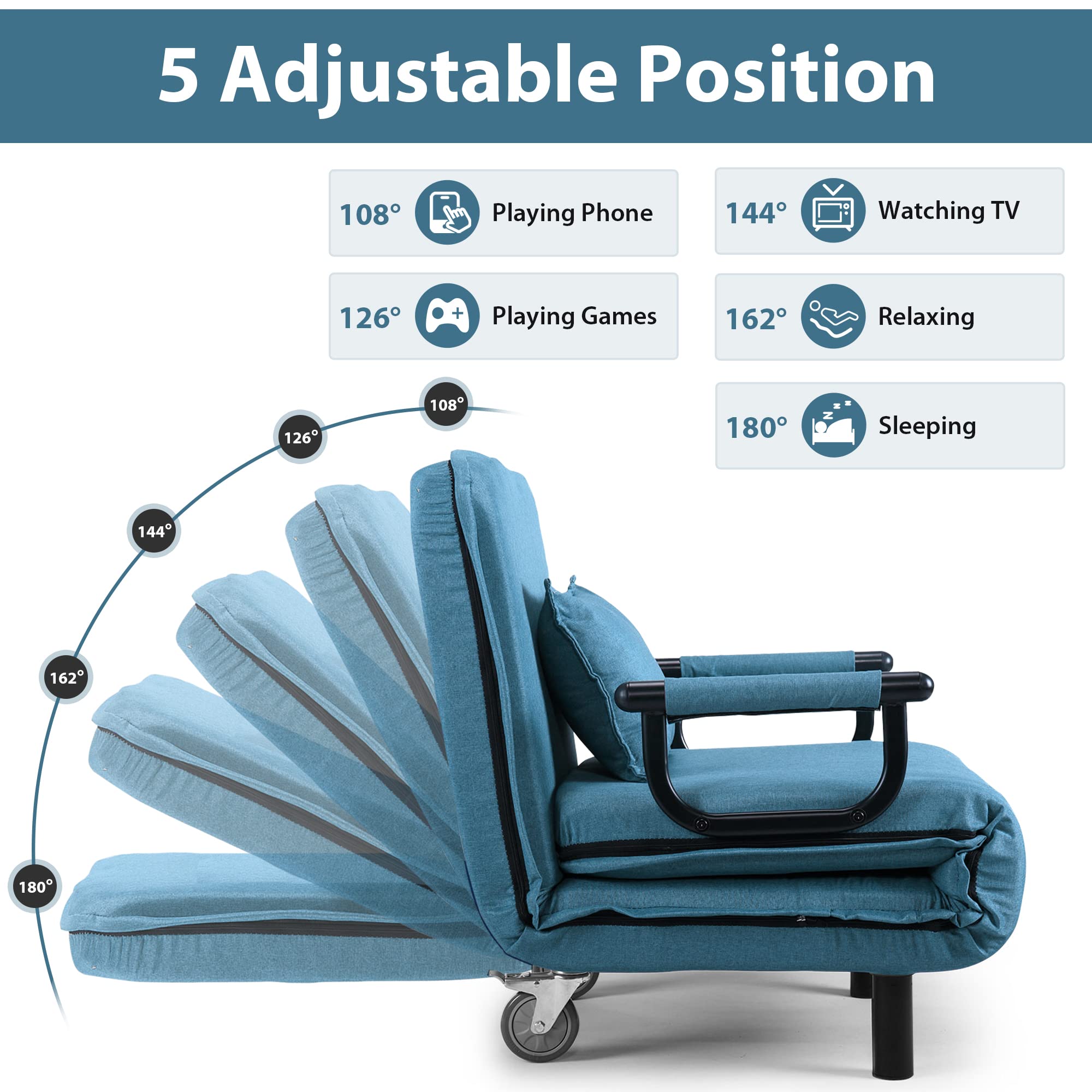 JAXSUNNY Convertible Sofa Bed Sleeper Chair, 5 Position Blue Recliner with Adjustable Backrest and Pillow, Chaise Lounge Couch for Living Room Bedroom Home Office